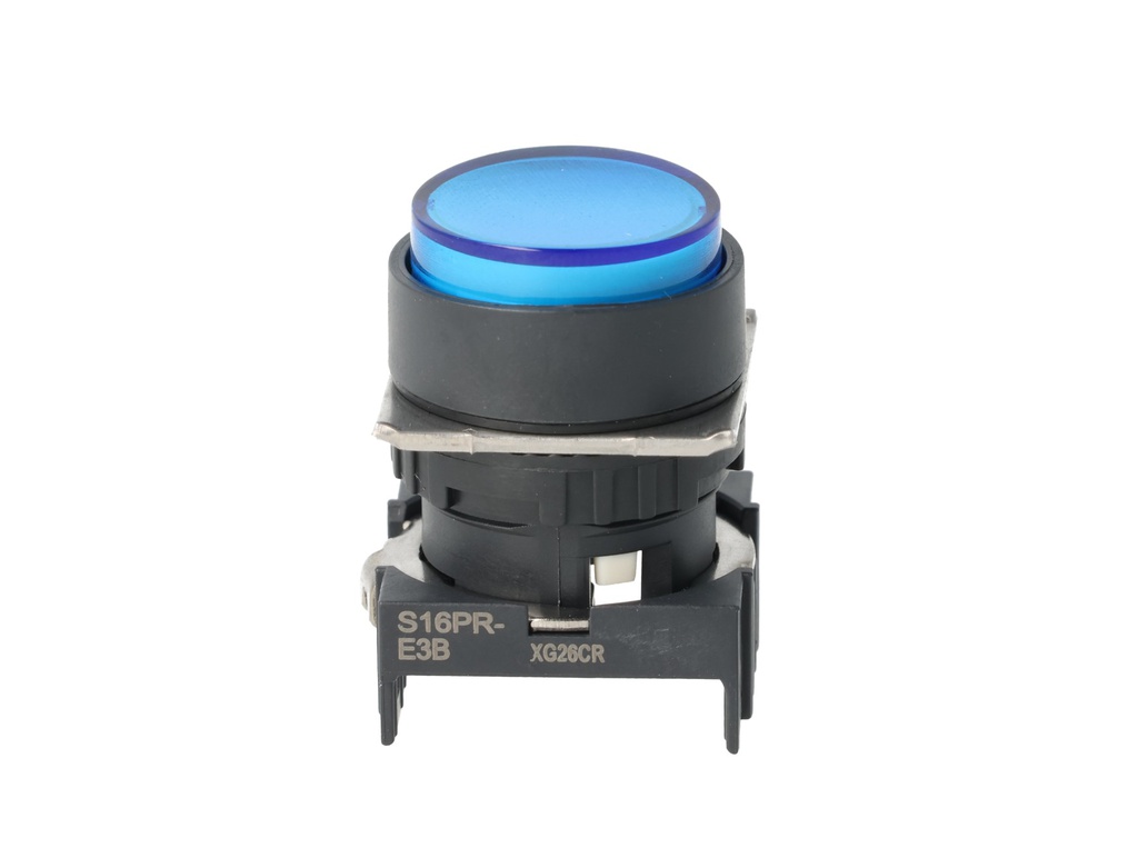 S16PR-E3B — BOTON PULSADOR AZUL 16mm, MOMENTANEO, ILUMINADO, REDONDO SALIENTE | Acotron ...